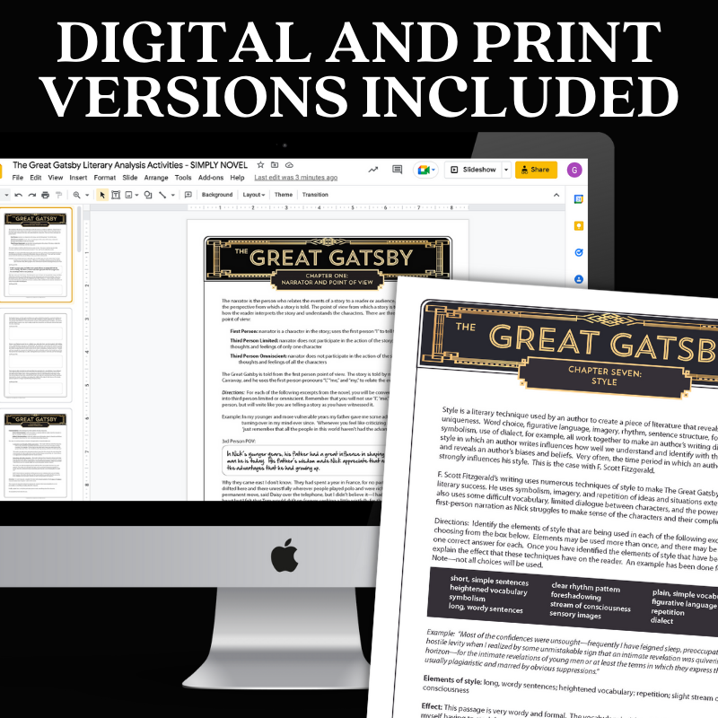 The Great Gatsby Novel Study Standards-Based Literary Analysis Activit ...