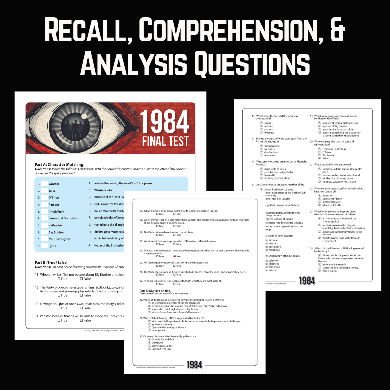 1984 Novel Study Unit Assessments - Two FINAL TESTS in both Print & Di ...