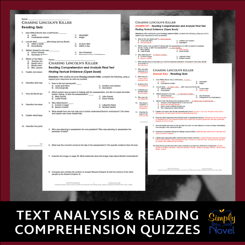 Chasing Lincoln's Killer Book Study Reading Quiz & Comprehension Test ...