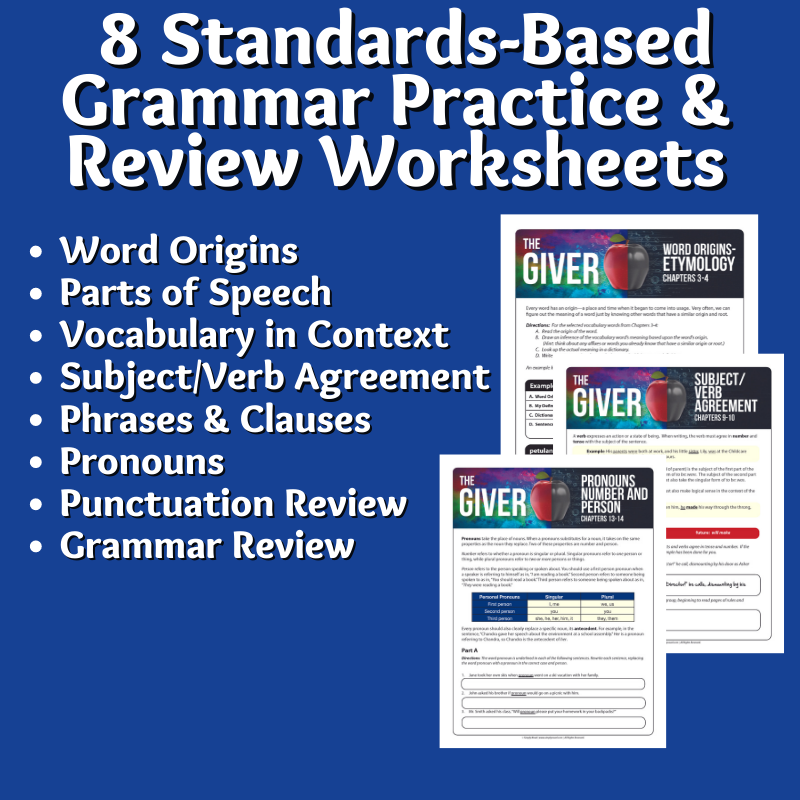 The Giver Novel Study Standards- Based Grammar & Language Practice Wor ...