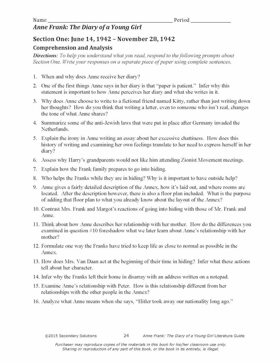 Anne Frank Diary of a Young Girl Novel Teaching PACKET | DISTANCE LEAR ...